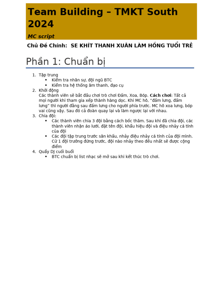 MC Script Team Building South - Long An 2024 | PDF