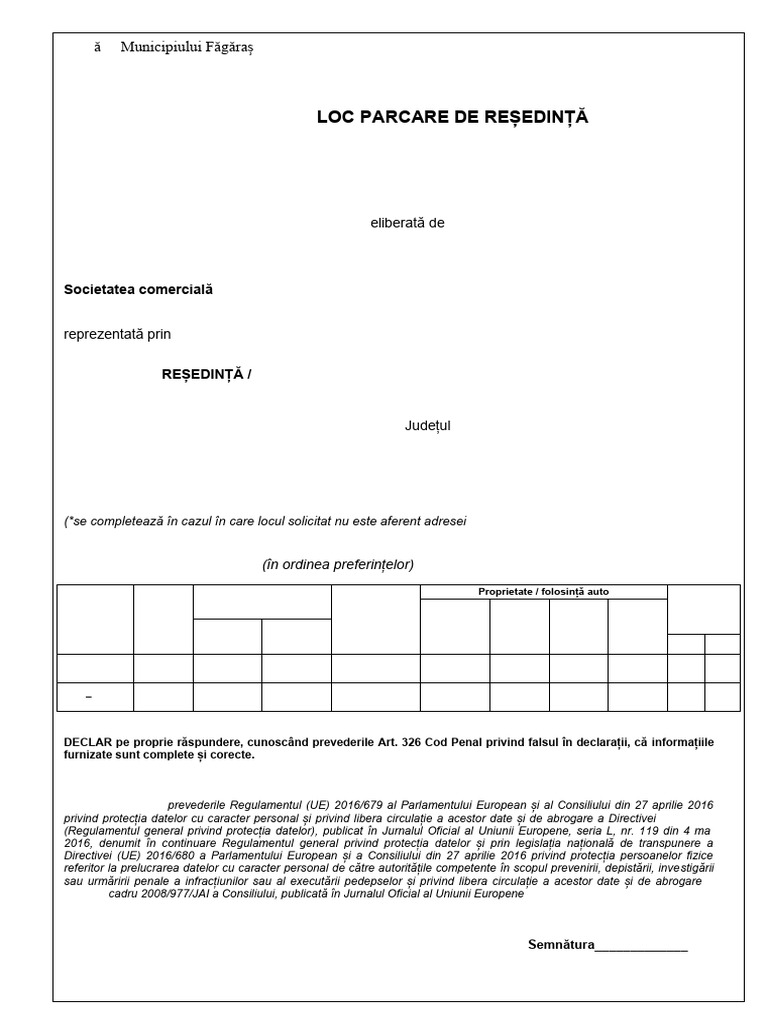 Cerere Loc Parcare de Resedinta | PDF
