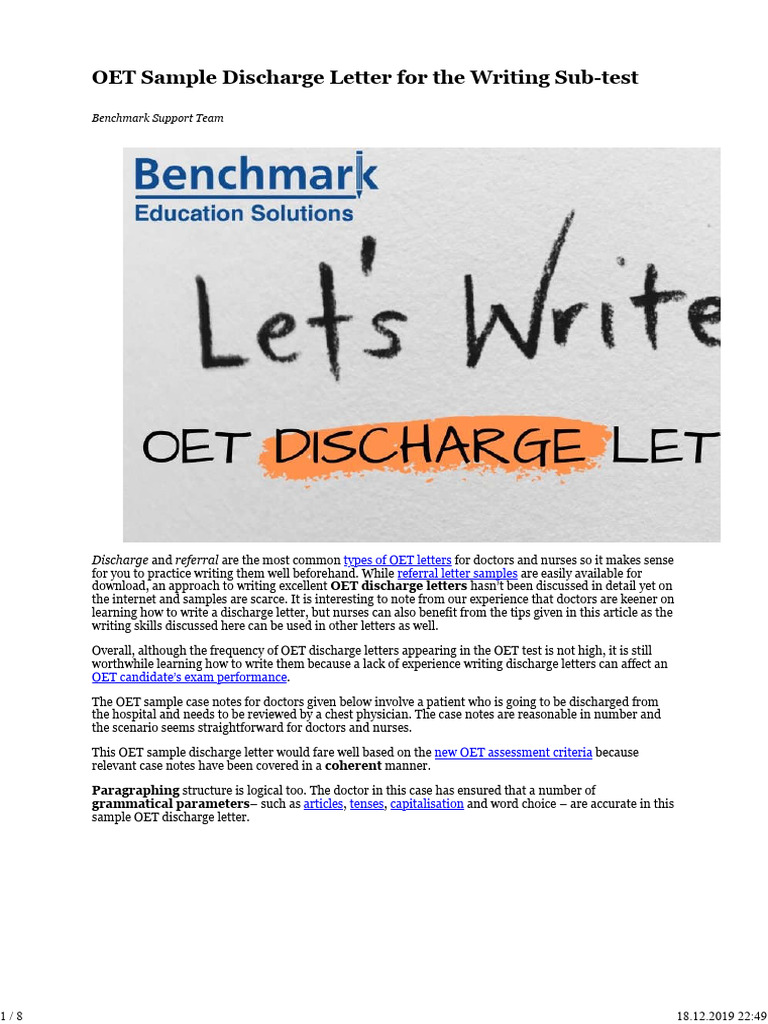 OET Sample Discharge Letter For The Writing Sub-Test | PDF