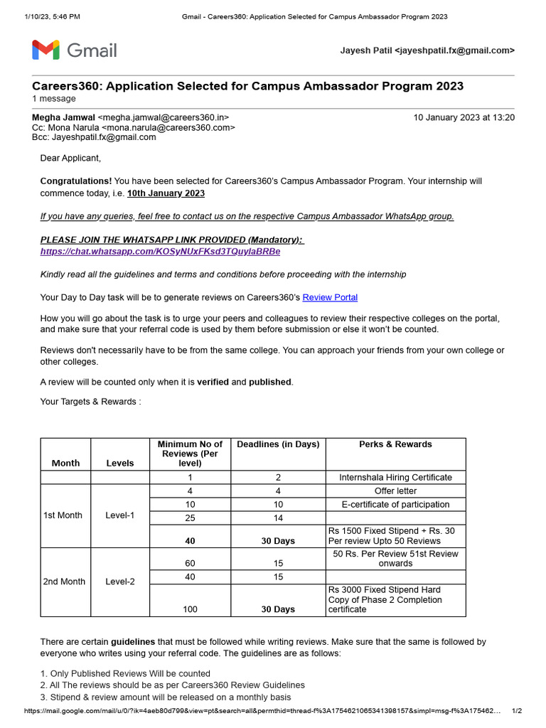 Careers360 - Application Selected For Campus Ambassador Program 2023 | PDF