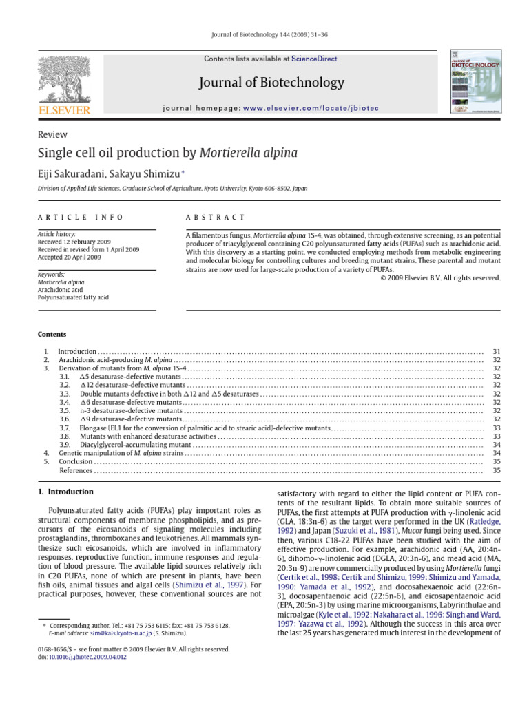Single Cell Oil Production by Mortierella Alpina | PDF
