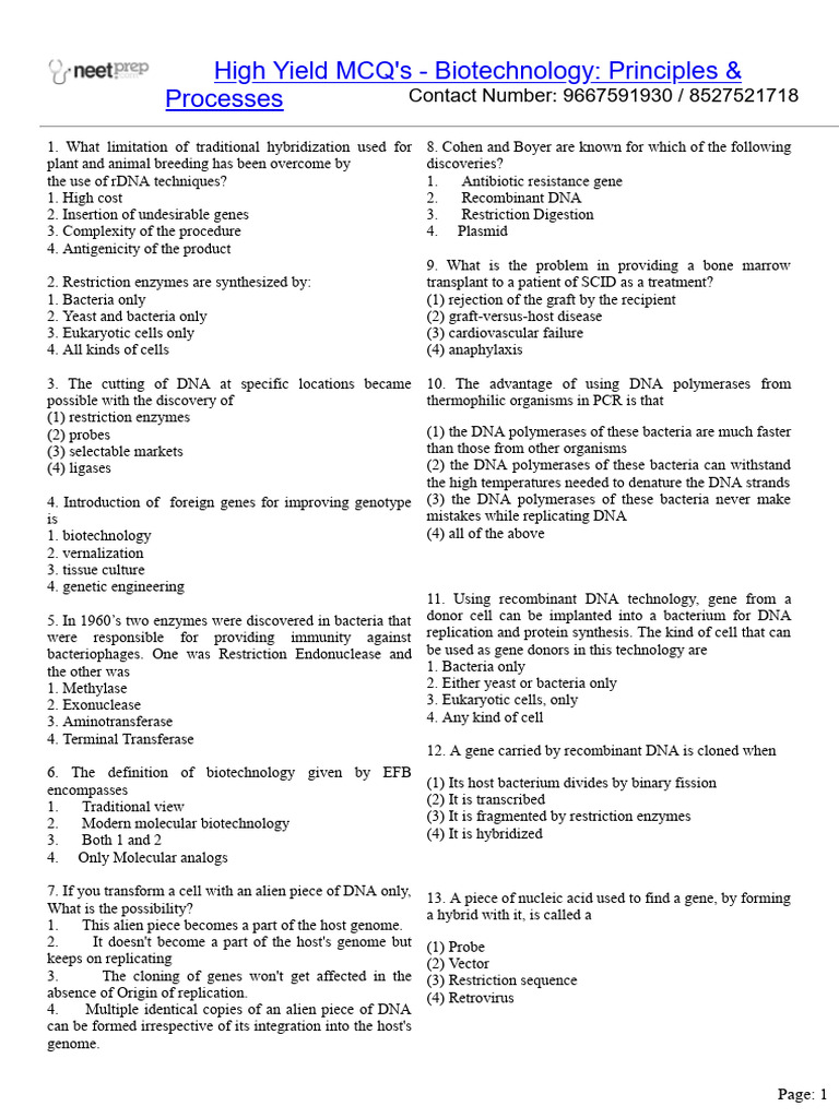 Biotechnology Principles & Processes High Yield MCQs For NEET 2022 | PDF Biotechnology Principles & Processes High Yield MCQs For NEET 2022 | PDF