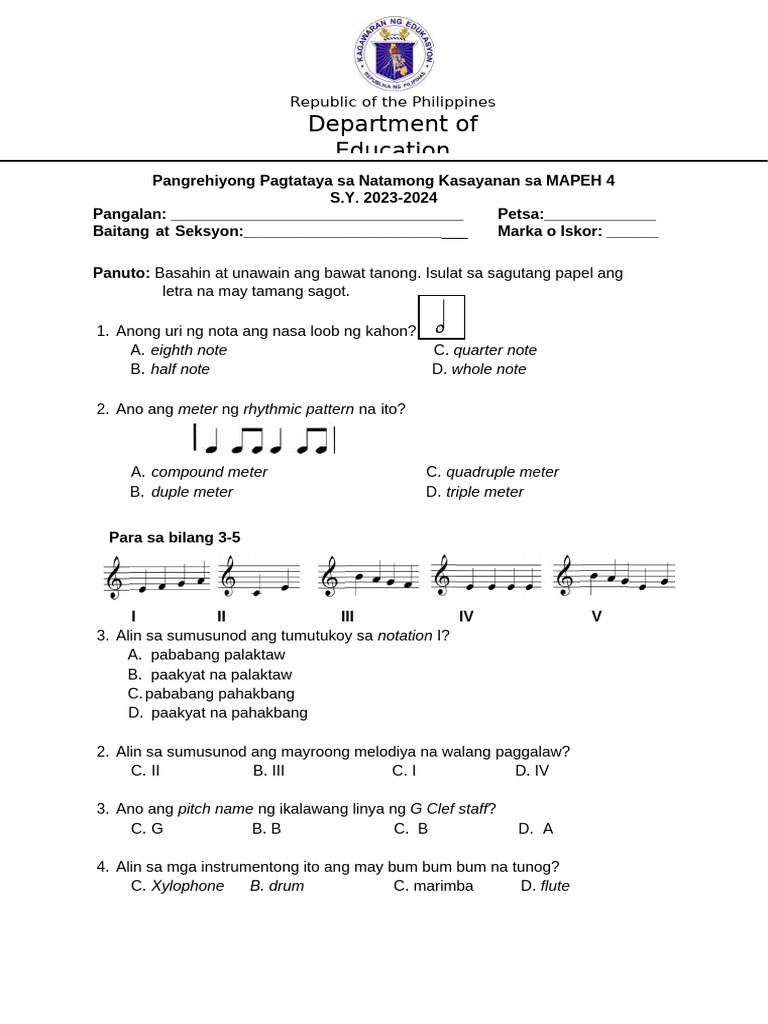 RAT MAPEH Grade-4 | PDF