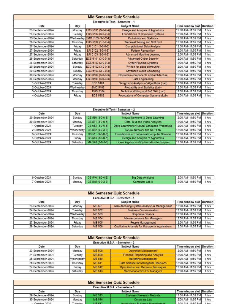 Mid Sem Schedule | PDF