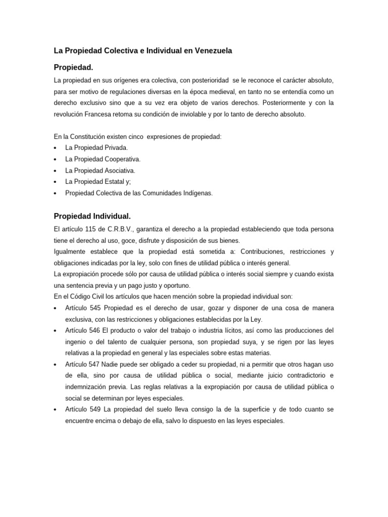 La Propiedad Colectiva e Individual en Venezuela | PDF
