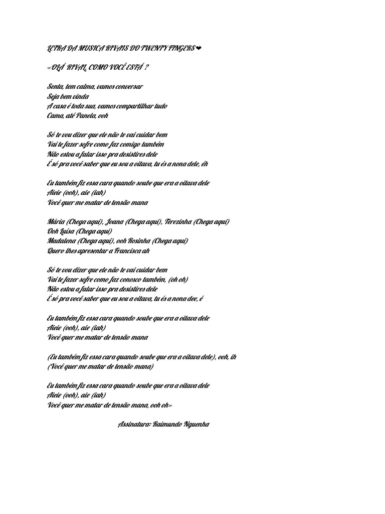Letra Da Musica Rivais Do Twenty Fingers ?? | PDF
