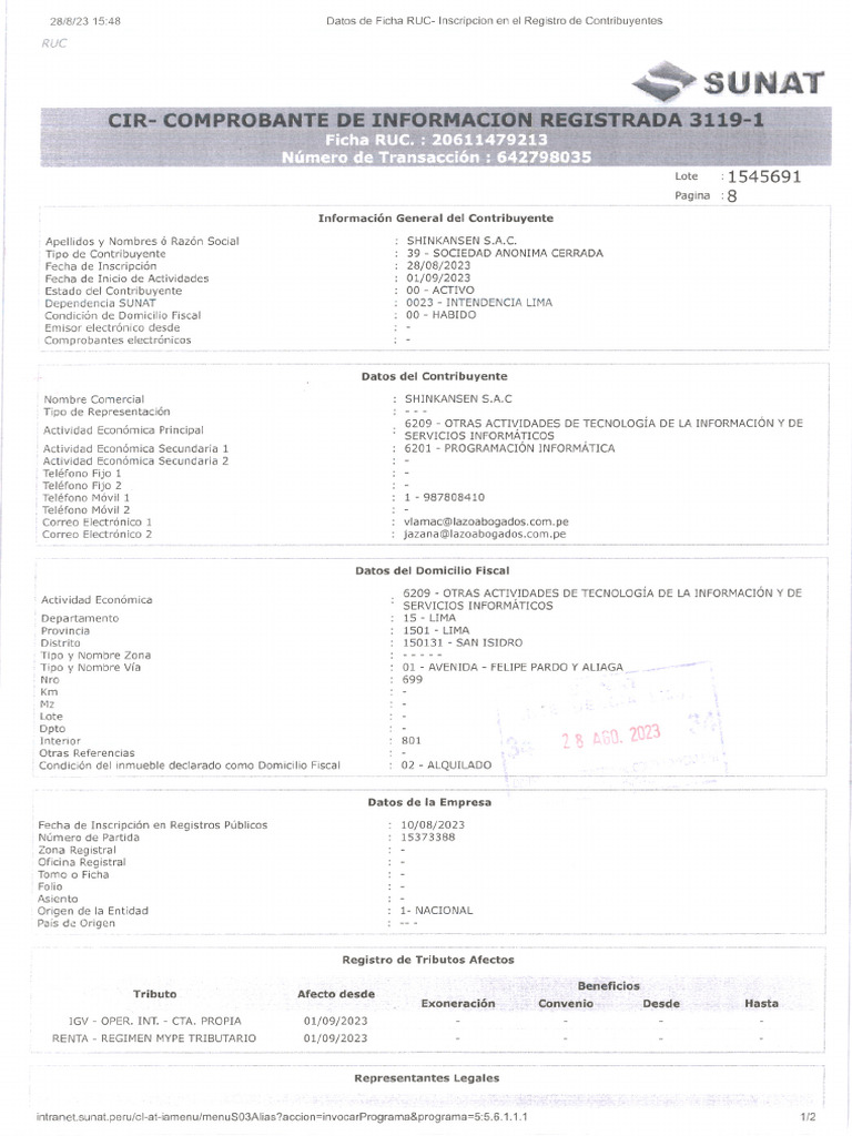 Ficha Ruc - SHINKANSEN SAC | PDF