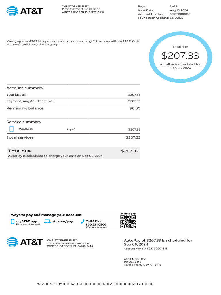 AT&T Bill Summary for Christopher Pupо | PDF | Telecommunications ...