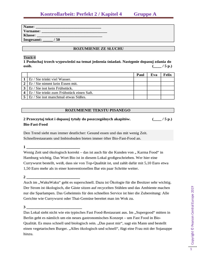 PERFEKT - 2 - Kapitel - 4 - Test A | PDF