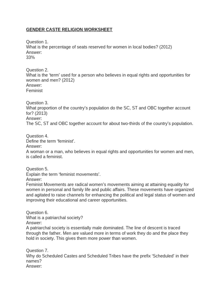 GENDER CASTE RELIGION WORKSHEET Shine Academy | PDF