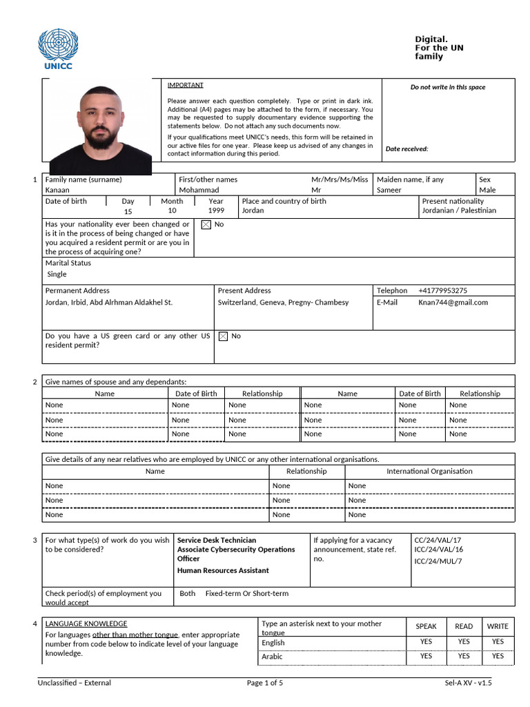 Sel A XV Personal History Form For Applications at ICC | PDF