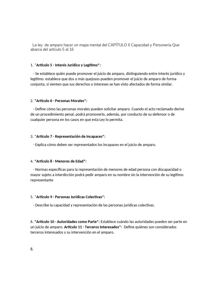 La Ley de Amparo Hacer Un Mapa Mental Del CAPÍTULO II Capacidad y Personería Que Abarca Del ...
