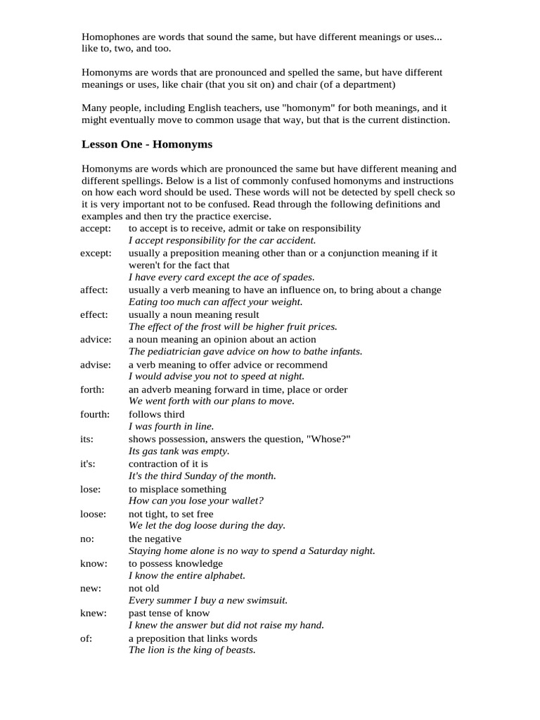 Understanding Homophones and Homonyms | PDF | Verb | Foreign Language ...