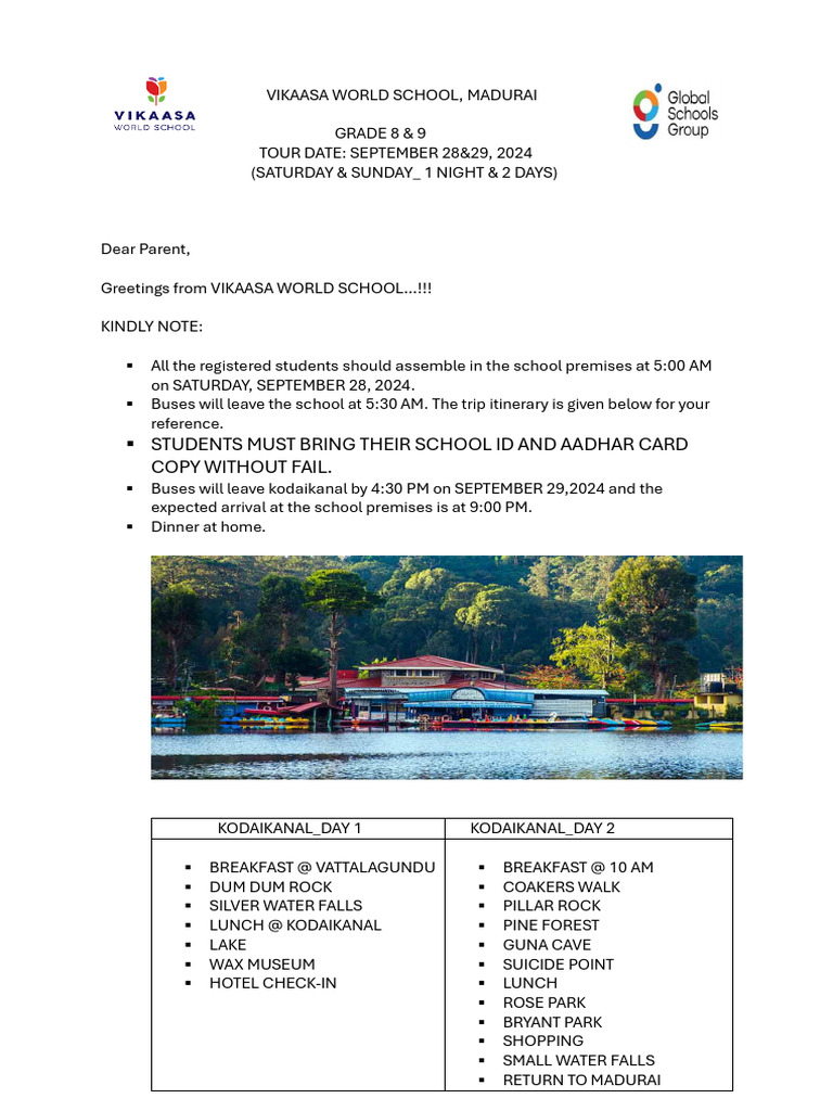 Kodai Trip Itinerary - 2024 | PDF