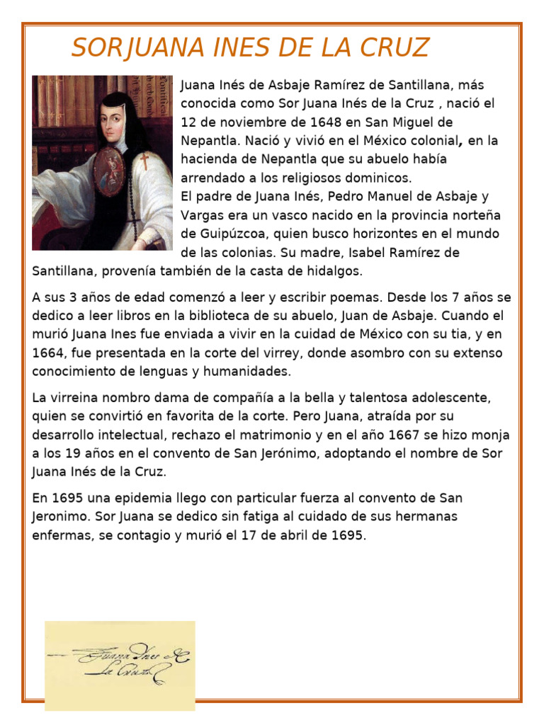 Biografía de Sor Juana Inés de la Cruz | PDF