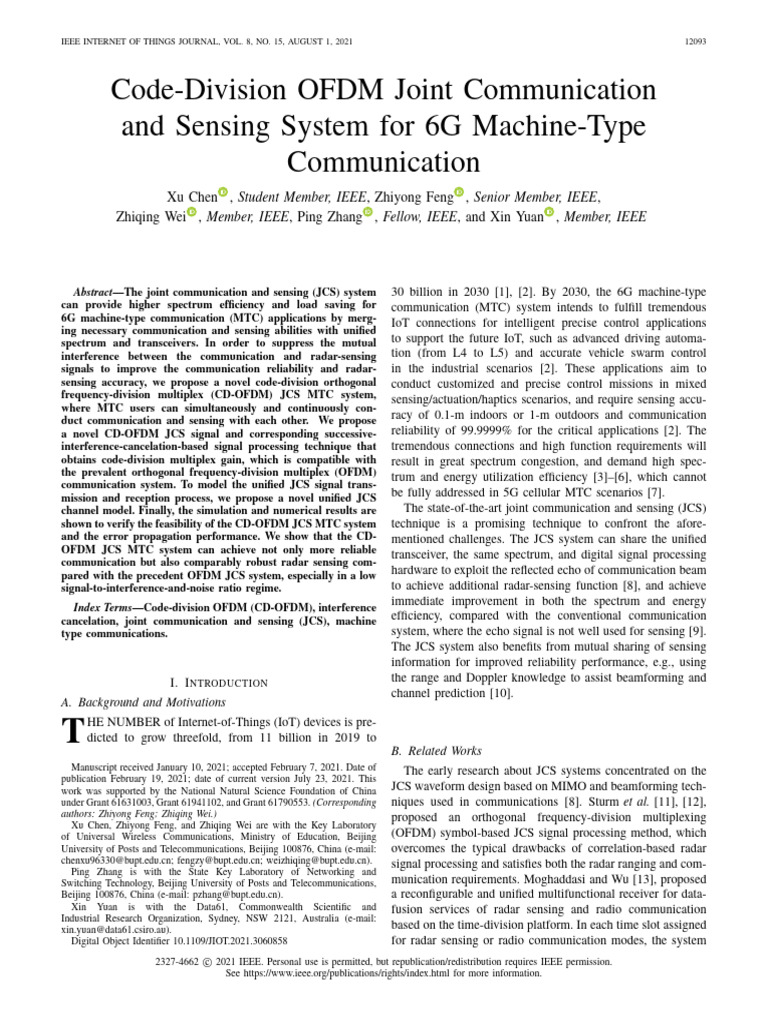 Code Division Ofdm Joint Communication And Sensing System For 6g Machine Type Communication Pdf