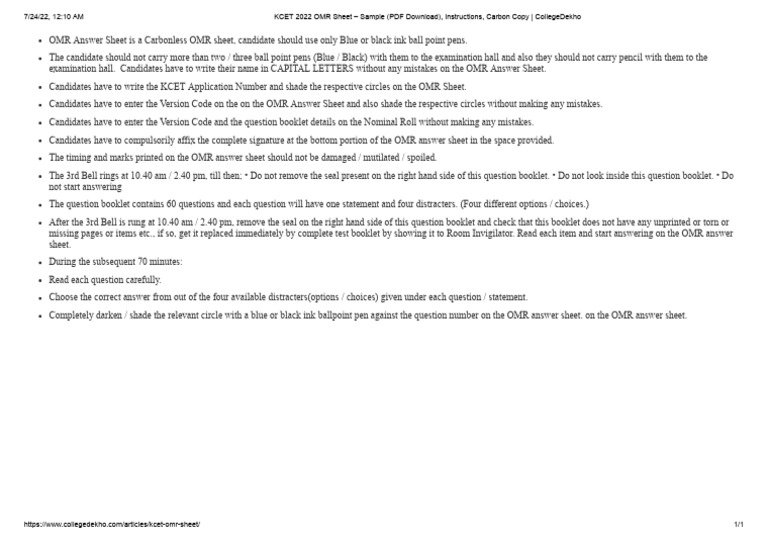 KCET 2022 OMR Sheet - Sample (PDF Download), Instructions, Carbon Copy ...