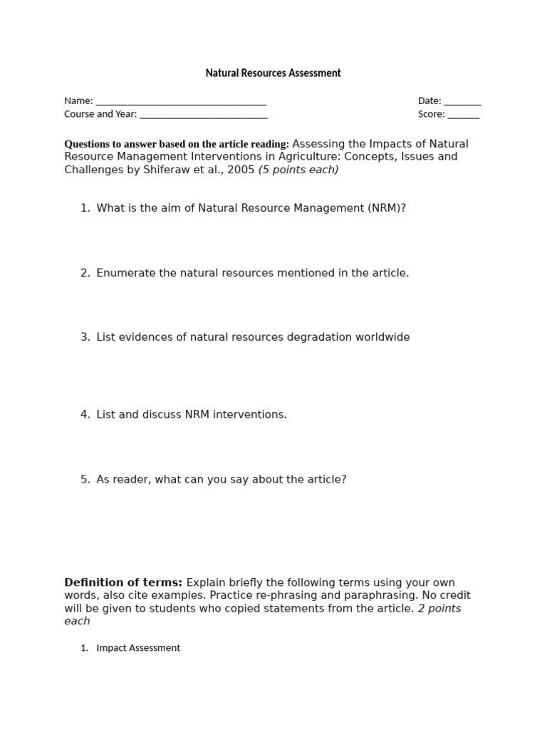 Natural Resources Assessment - Quiz | PDF | Career & Growth | Science ...