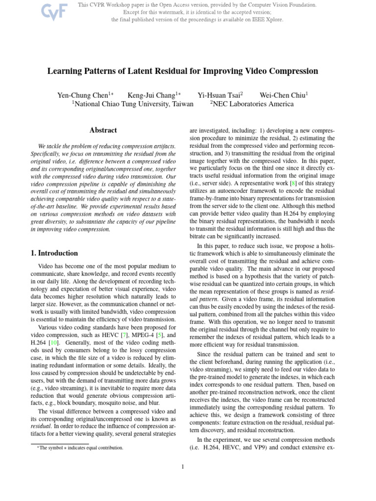 Chen Learning Patterns of Latent Residual For Improving Video ...