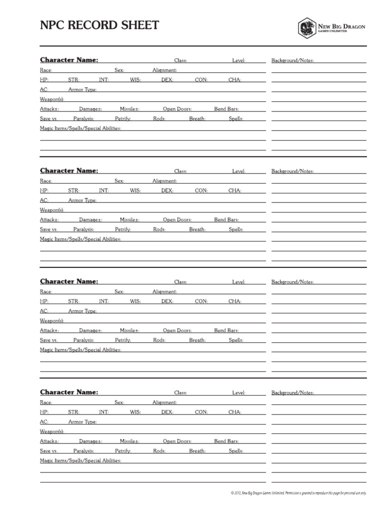 NPC Record Sheet NewBigDragon | PDF