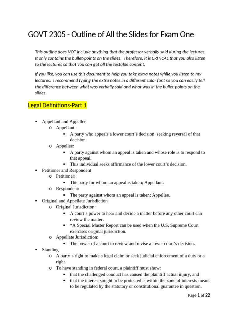 GOVT 2305 - Outline of Exam One Slides | PDF