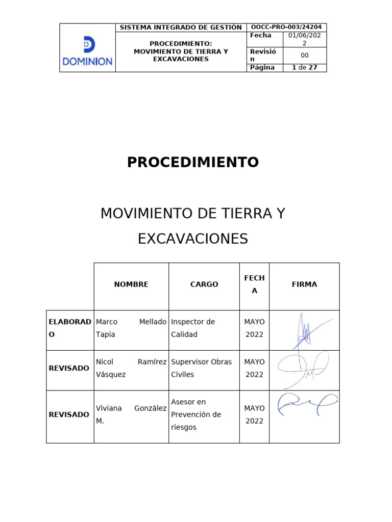 OOCC-PRO-003-24204 Movimiento de Tierra y Excavaciones R0 | PDF