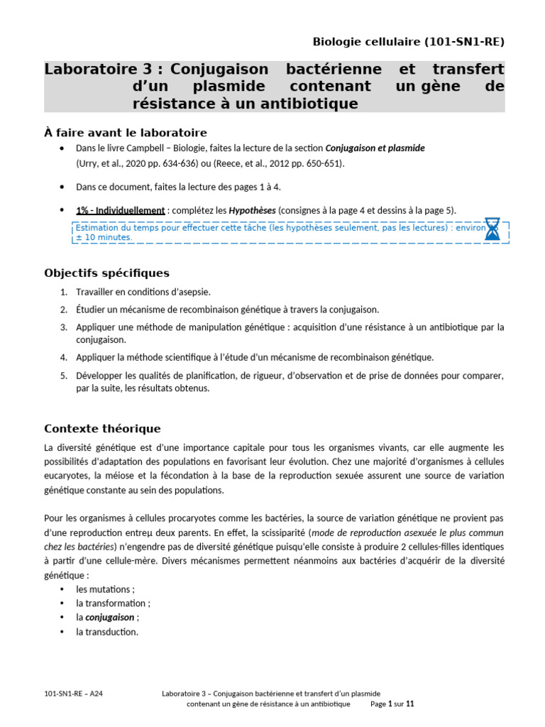 101-SN1-RE - Laboratoire 3 - Conjugaison Bacterienne Et Transfert de ...