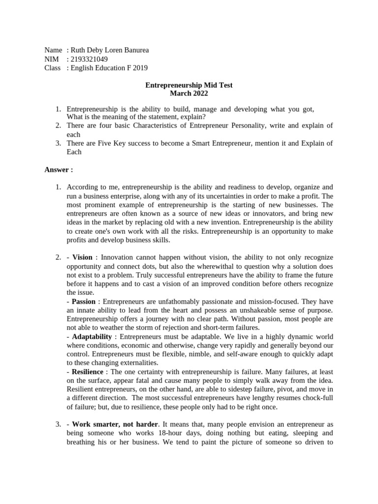 Entrepreneurship MID Test | PDF