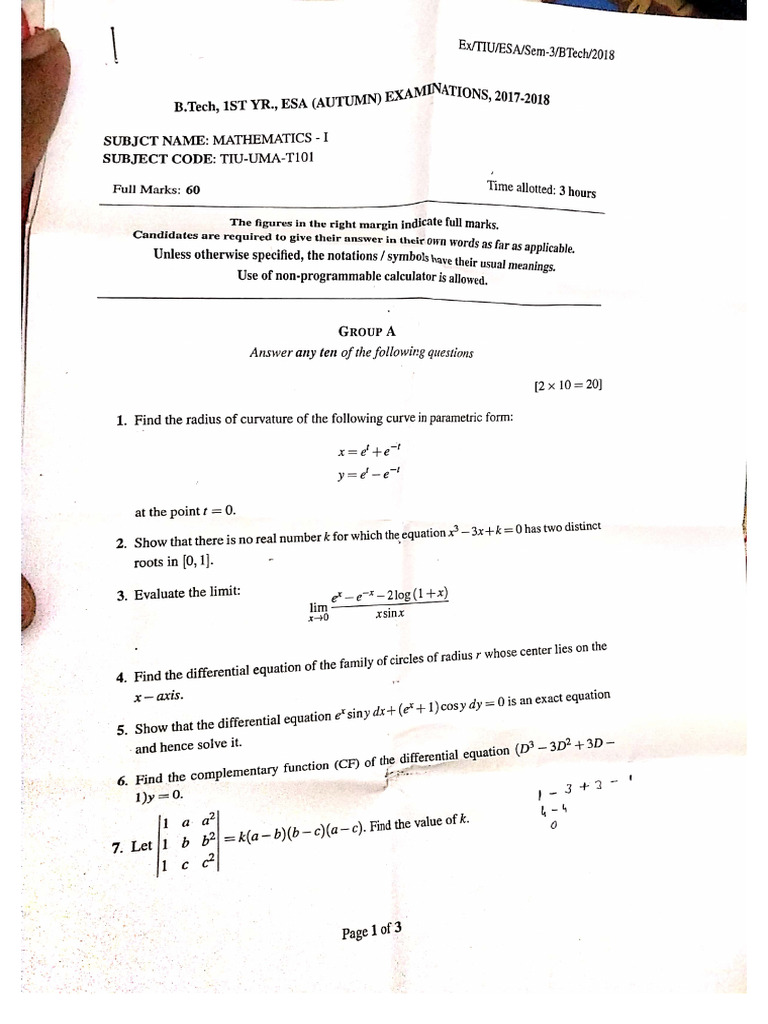 Mathematics 2018 Question | PDF