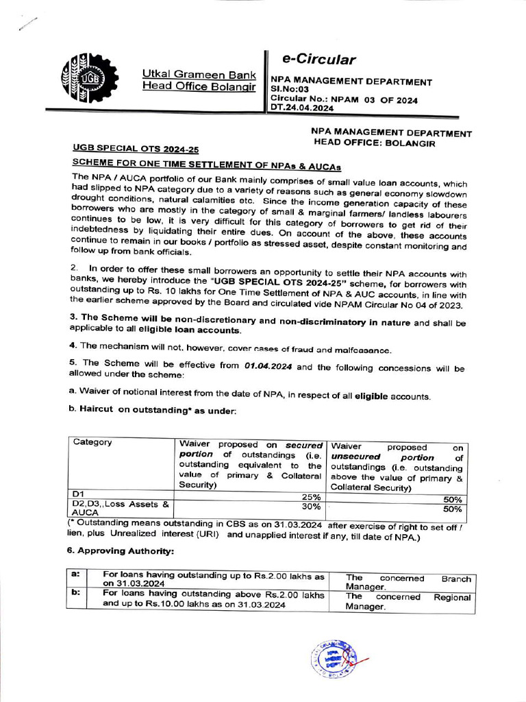 Npam Circular 03 of 2024 (Ugb Special Ots 2024-25 (Scheme For One Time Settlement of Npas and ...