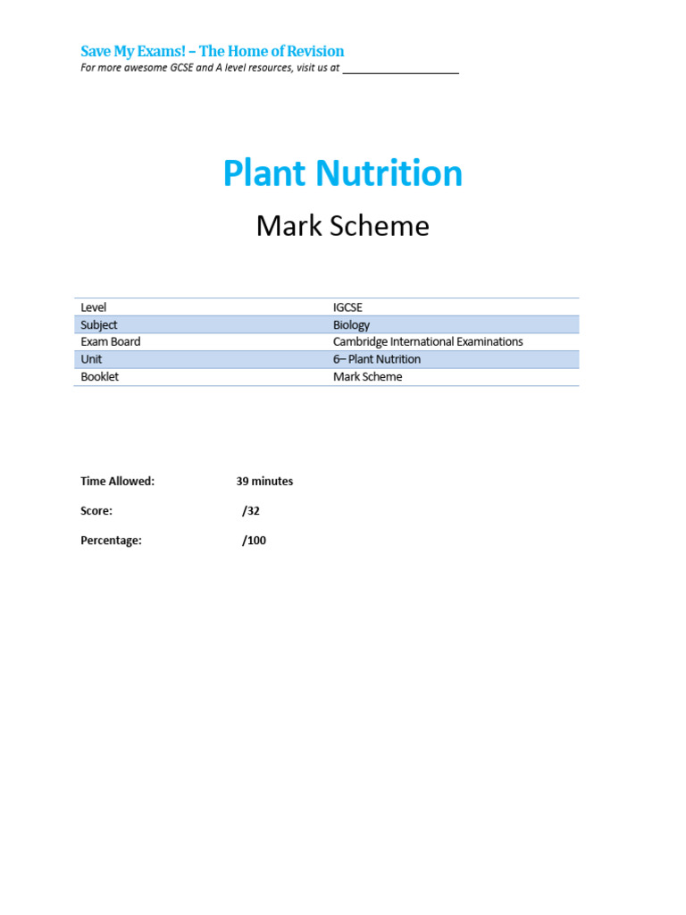 6 - Plant Nutrition - Ms Igcse-Cie Biology | PDF