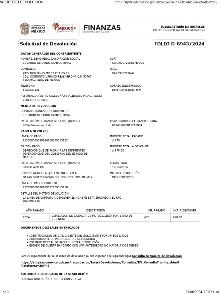 Solicitud Devolución | PDF