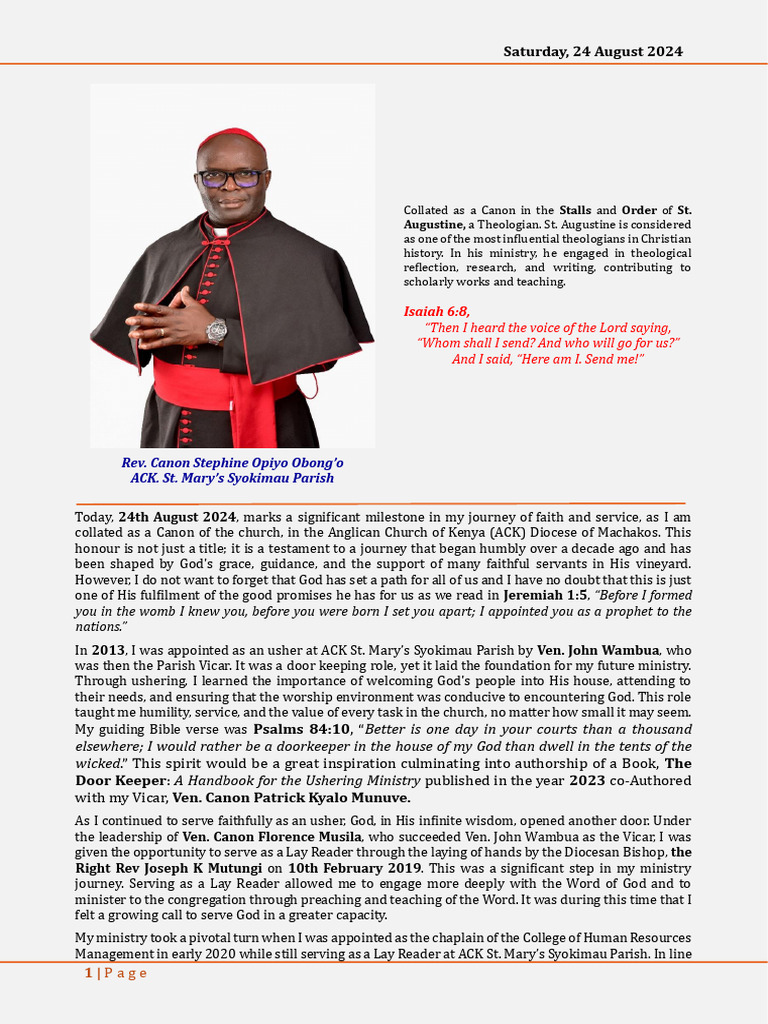 My Journey in Ministry - Rev. Canon Stephine Opiyo Obong'o | PDF
