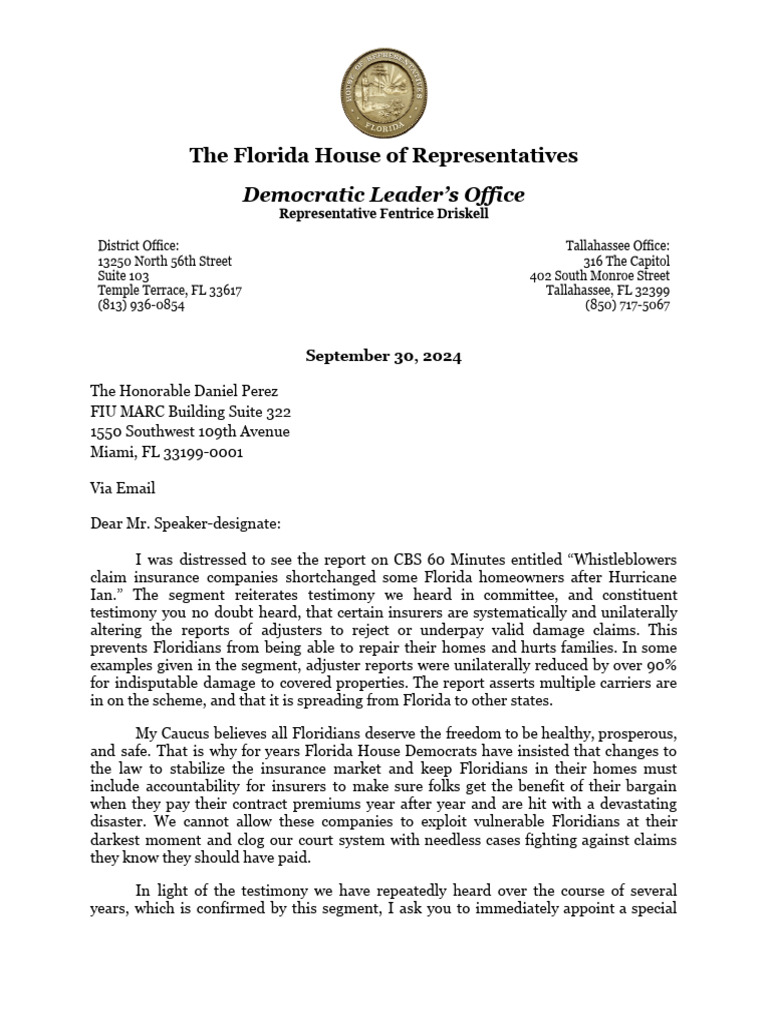 Legislative Investigation Letter | PDF | Insurance | Florida