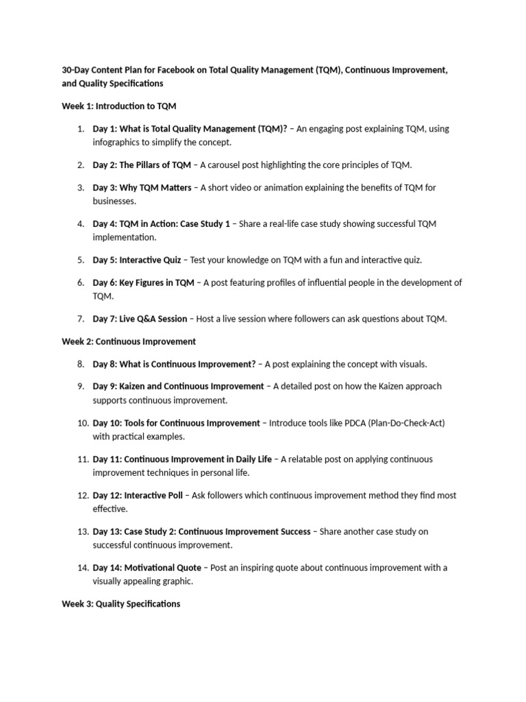 30-Day Content Plan For Facebook On Total Quality Management (TQM | PDF