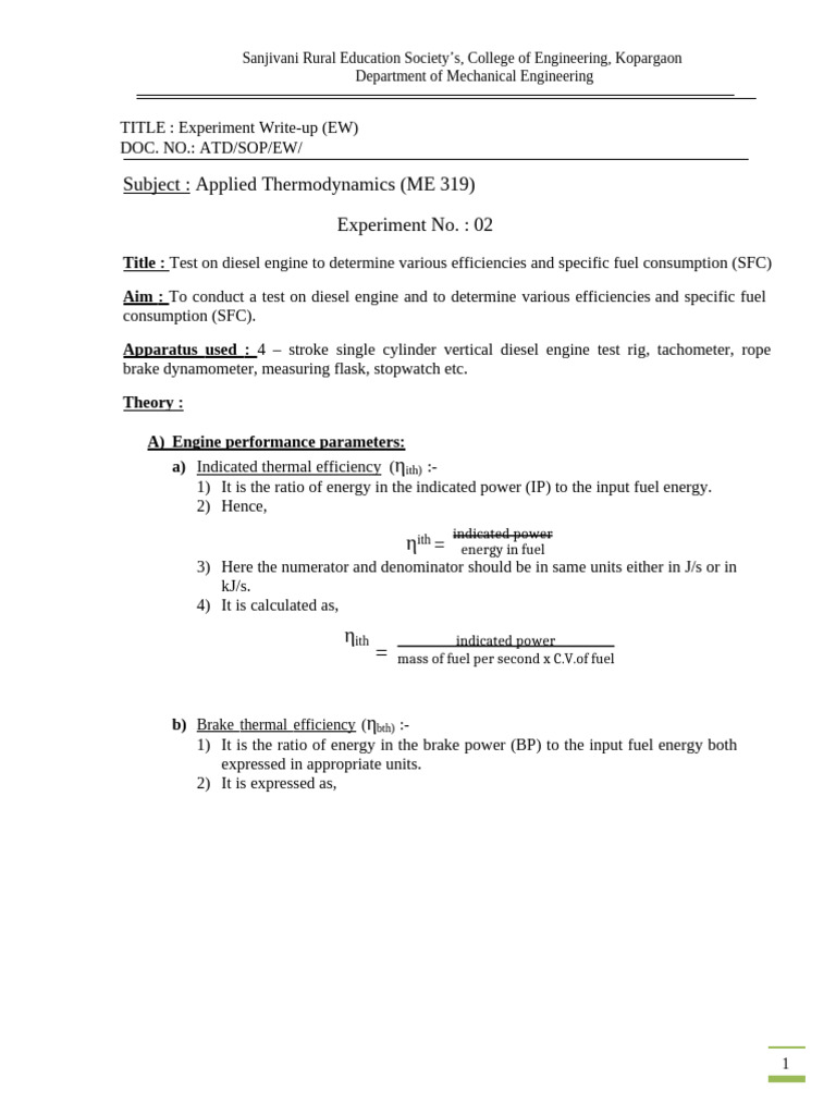 Expt No 2 Trial On Diesel Engine To Find Various Effeciencies and SFC | PDF