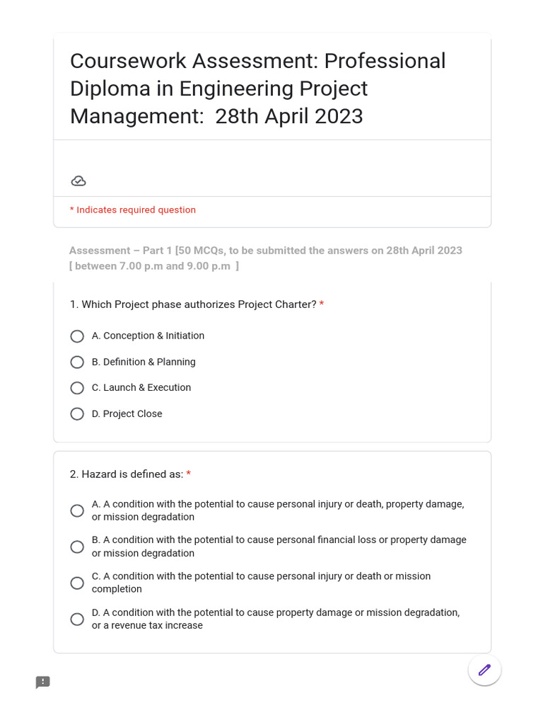Coursework Assessment - Professional Diploma in Engineering Project ...