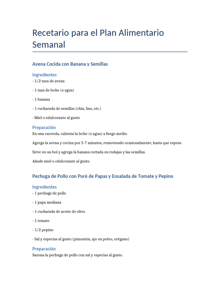 Recetario Plan Alimentario | PDF