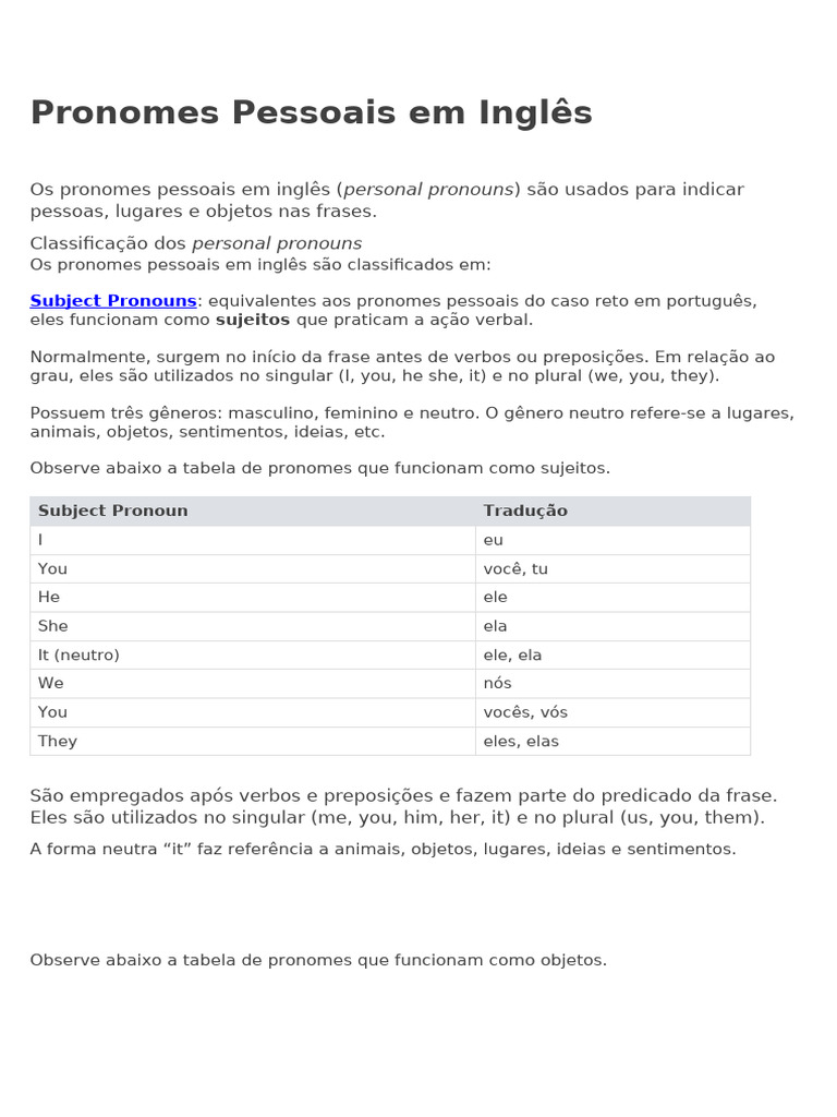 Pronomes Pessoais em Inglês - Materia 1 | PDF