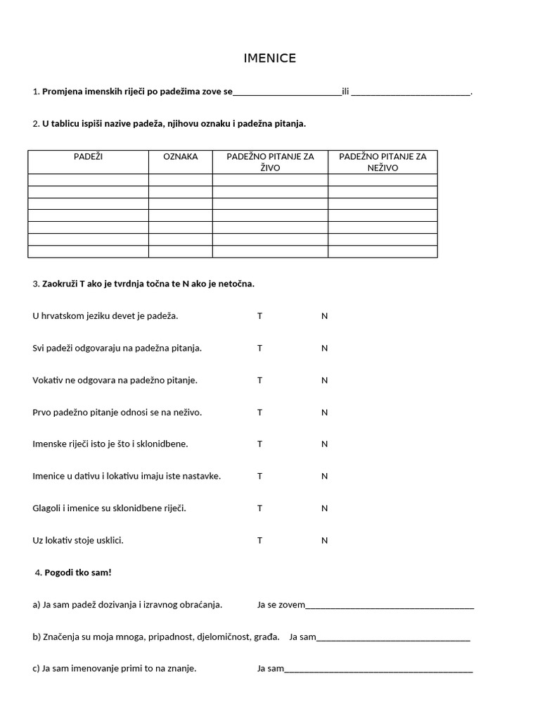 SKLONIDBA IMENICA (Vjezba Za 5. Razred) | PDF