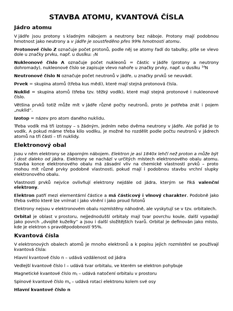 Stavba Atomu, Kvantová Čísla | PDF