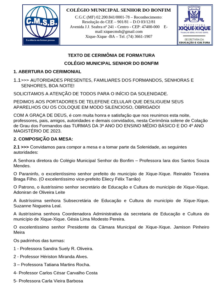 Texto de Cerimônia de Formatura CMSB 2023 | PDF