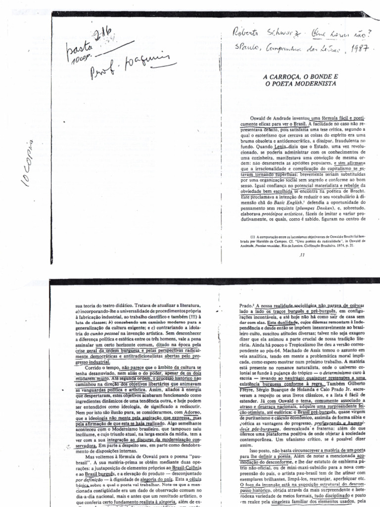 Roberto Schwarz - A Carroça o Bonde e o Poeta Modernista | PDF
