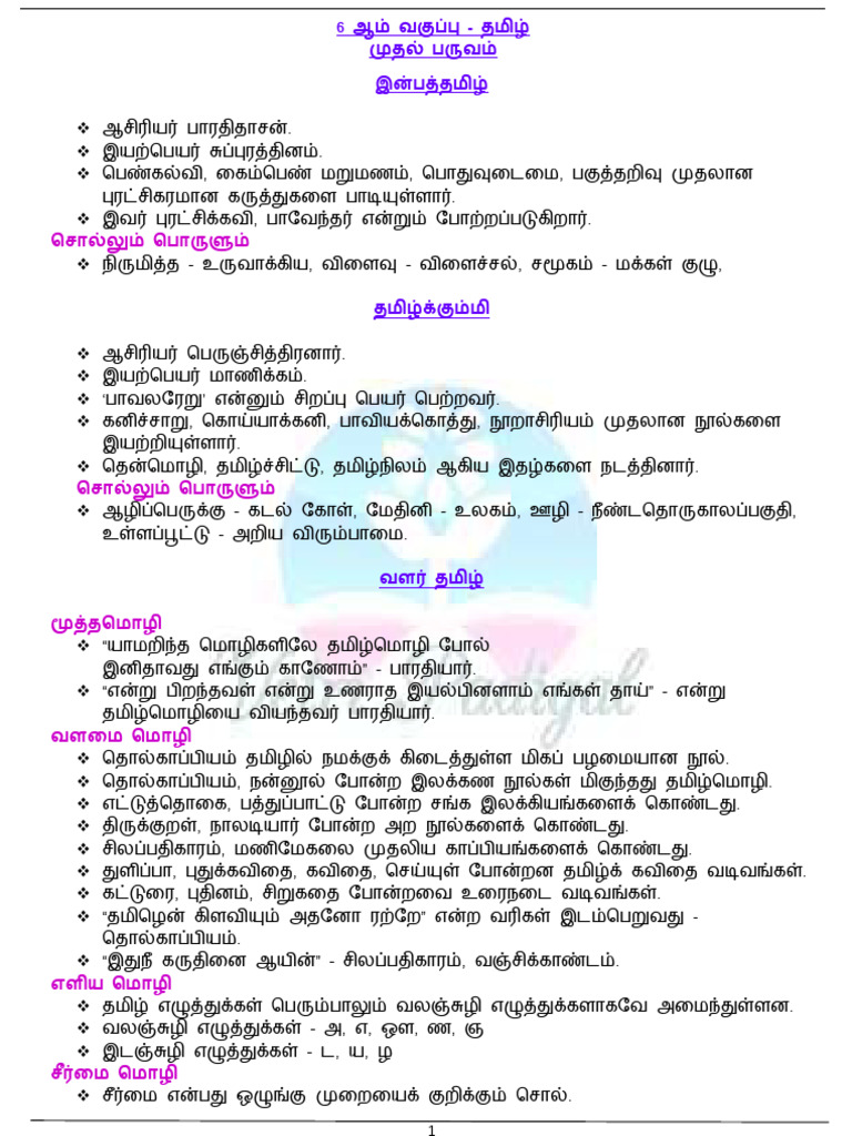 6th Tamil Short Notes - Compressed | PDF