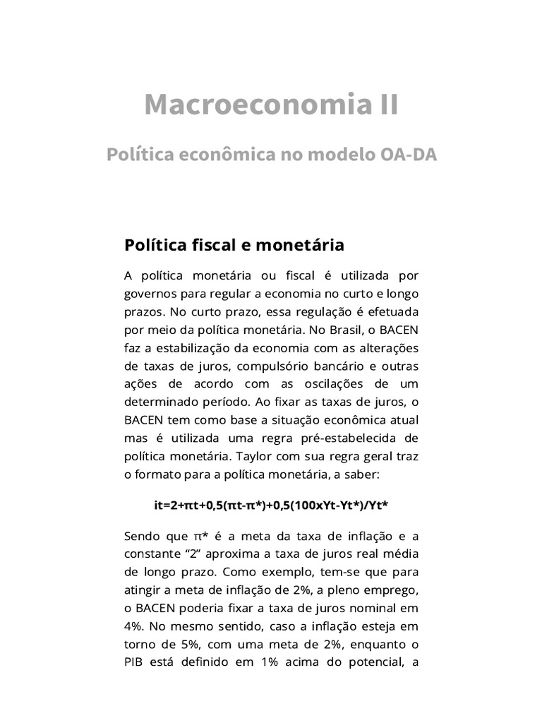 Macroeconomia II - Política Fiscal e Monetária - Política Econômica No ...