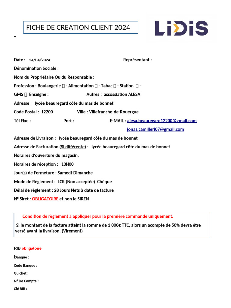 Fiche de Creation Client 2024 | PDF