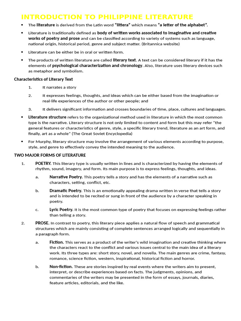 Lit Hand Outs - Major Forms of Literature | PDF
