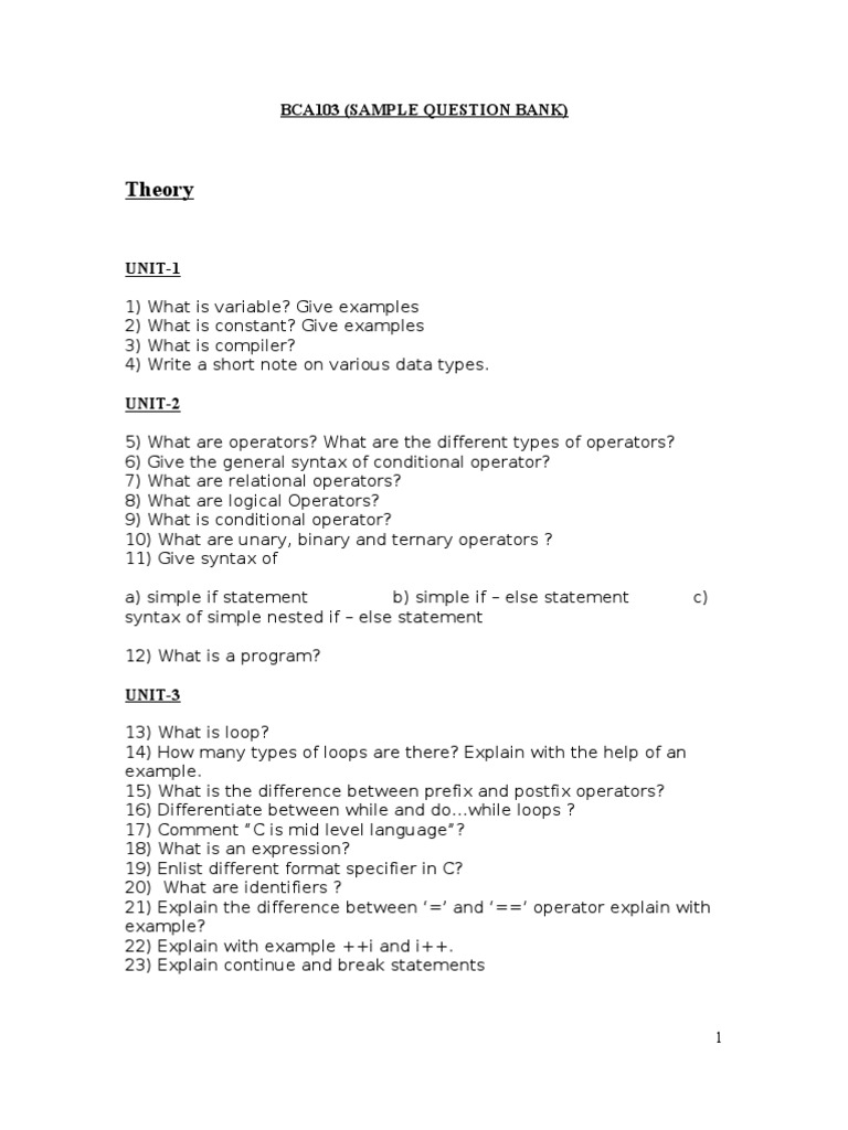 Bca103 Sample Question Bank Pdf C Programming Language Control Flow