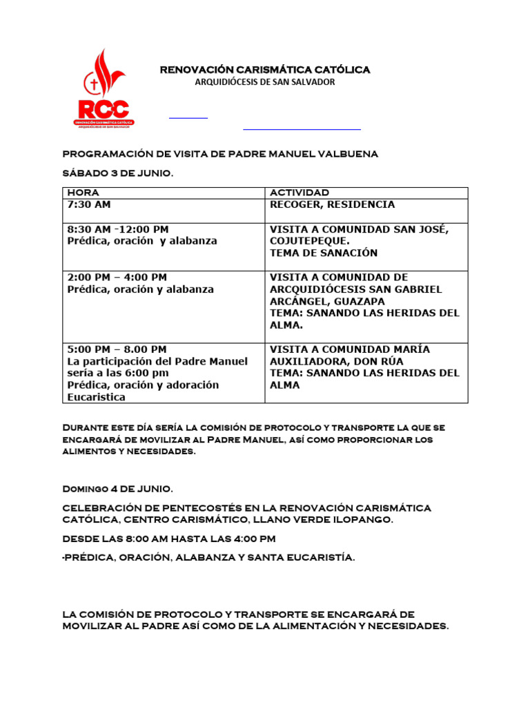 Visita Padre Manuel Valbuena 3 y 4 de Junio RCC-1 | PDF