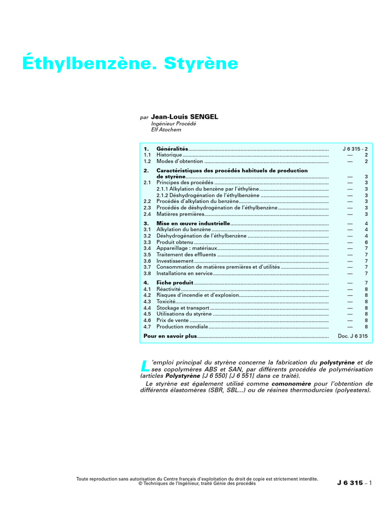 J 6 315 Ethylbenzene Styrene | PDF | Products Of Chemical Industry